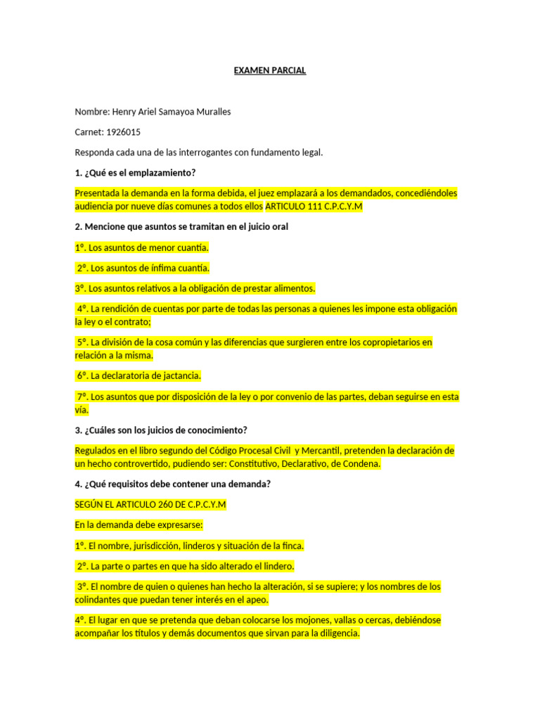Examen Parcial I Procesal Civilagos | PDF | Demanda judicial | Justicia