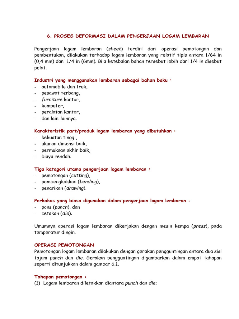 Bab 6. Proses Deformasi Dalam Pengerjaan Logam Lembaran | PDF