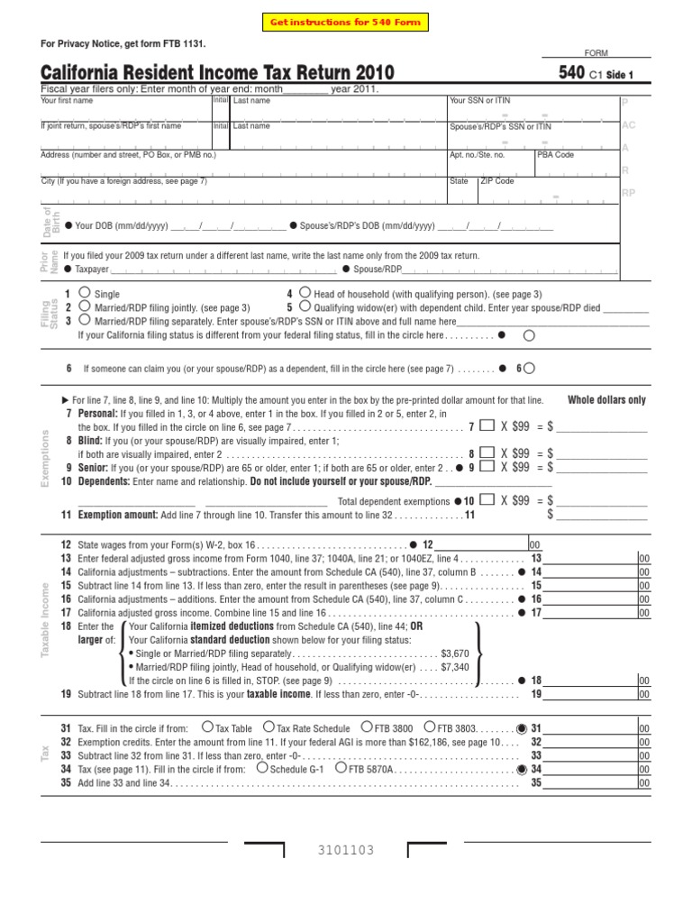 California 2010 Income Tax Return Form 540 | PDF | Withholding Tax ...