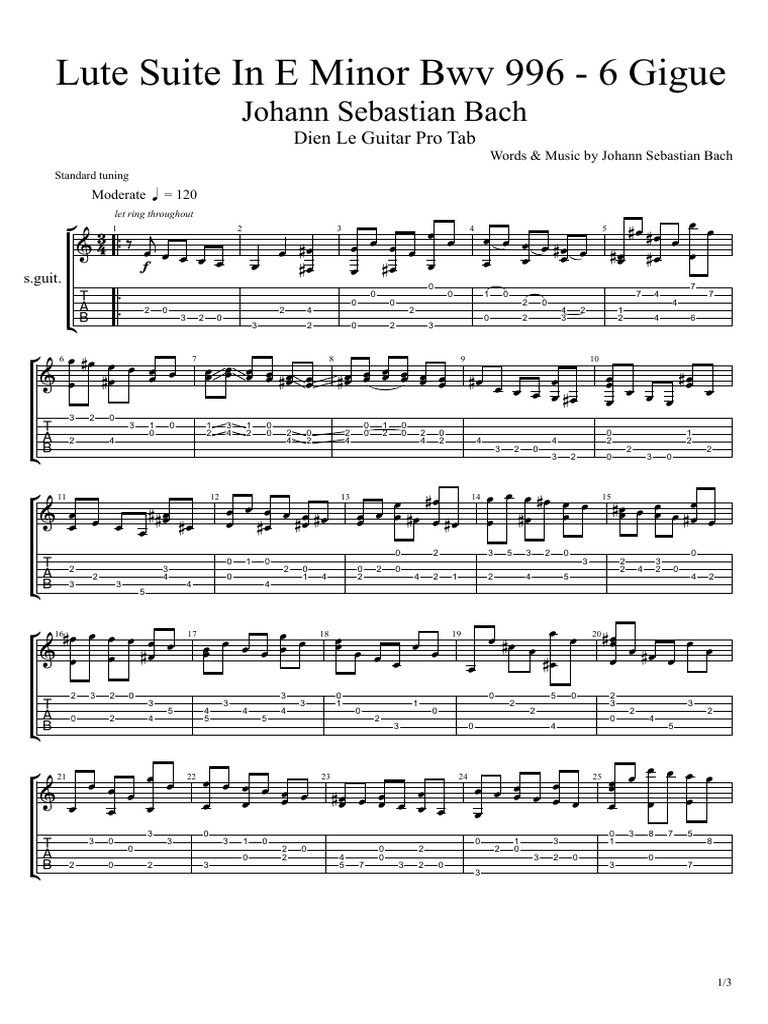 Lute Suite in E Minor BWV 996 - 6 Gigue by Johann Sebastian Bach With Guitar Tutorial TABs | PDF
