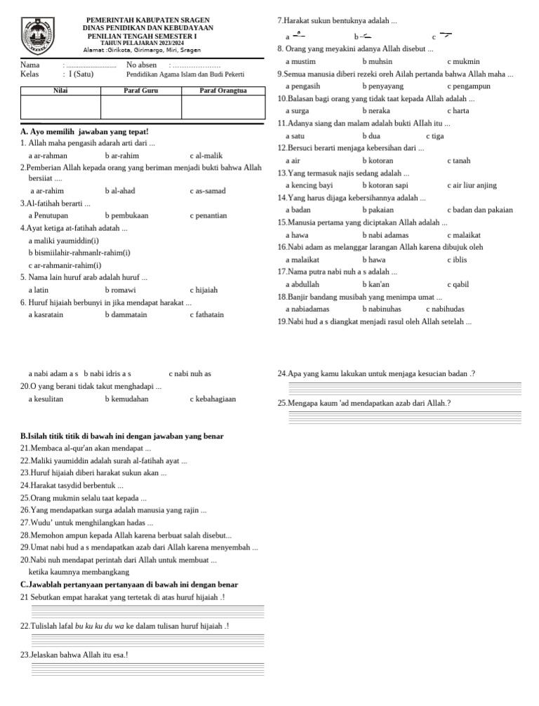 PTS 2023 Kelas 1 | PDF