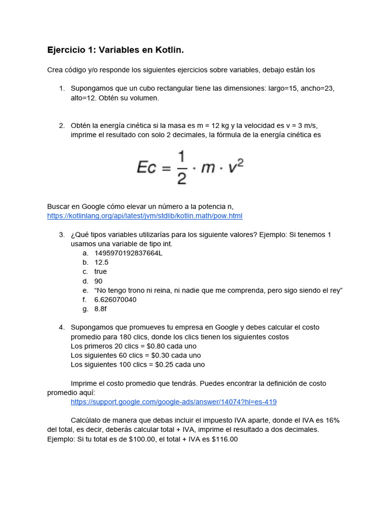 Ejercicio 1 Variables en Kotlin | PDF