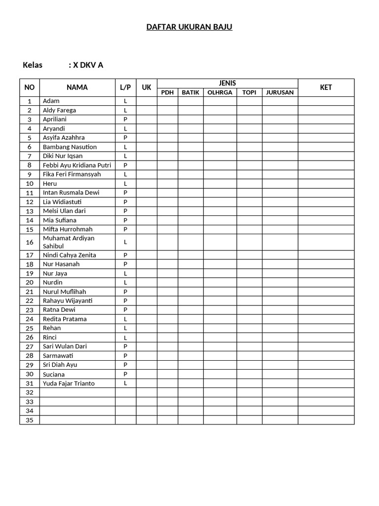 Daftar Ukuran Baju Smk Ta 2024-2025 | PDF