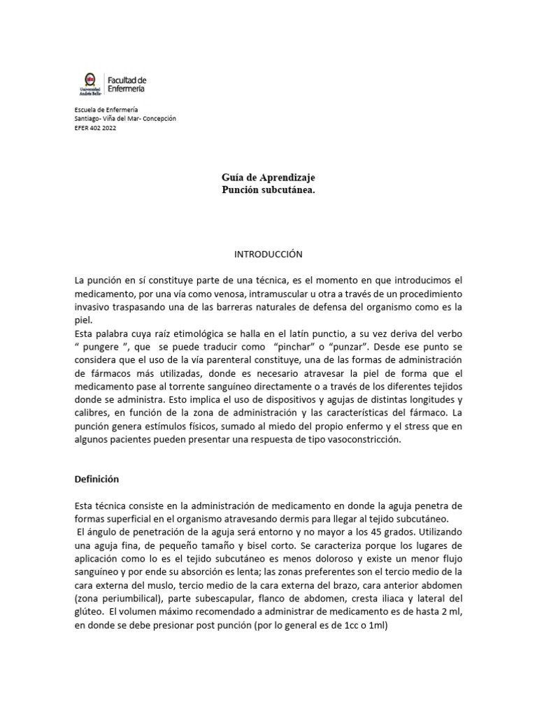 Guía de Punción Subcutánea en Enfermería | PDF | Inyección (medicina ...