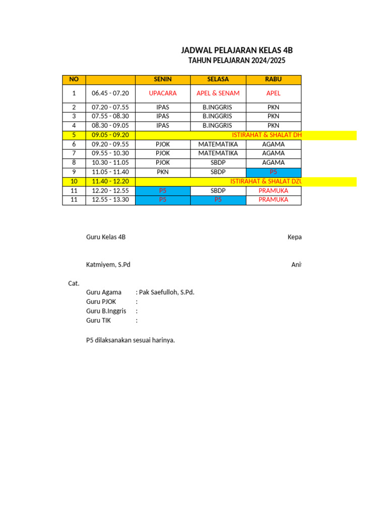Jadwal Pelajaran Kelas 4B | PDF