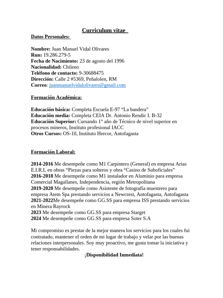 Curriculum Juan Vidal Olivares | PDF