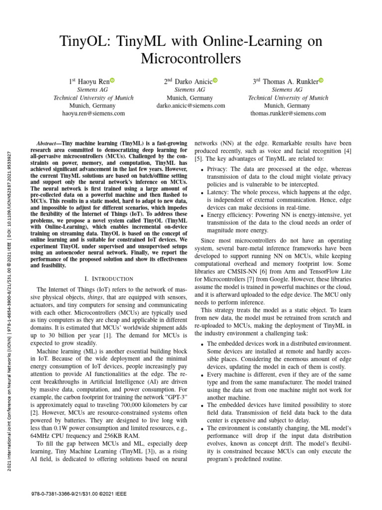 TinyOL TinyML With Online-Learning On Microcontrollers | PDF