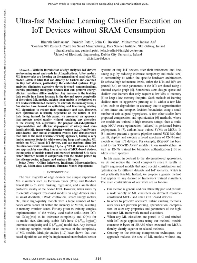 Ultra-Fast Machine Learning Classifier Execution On IoT Devices Without SRAM Consumption | PDF