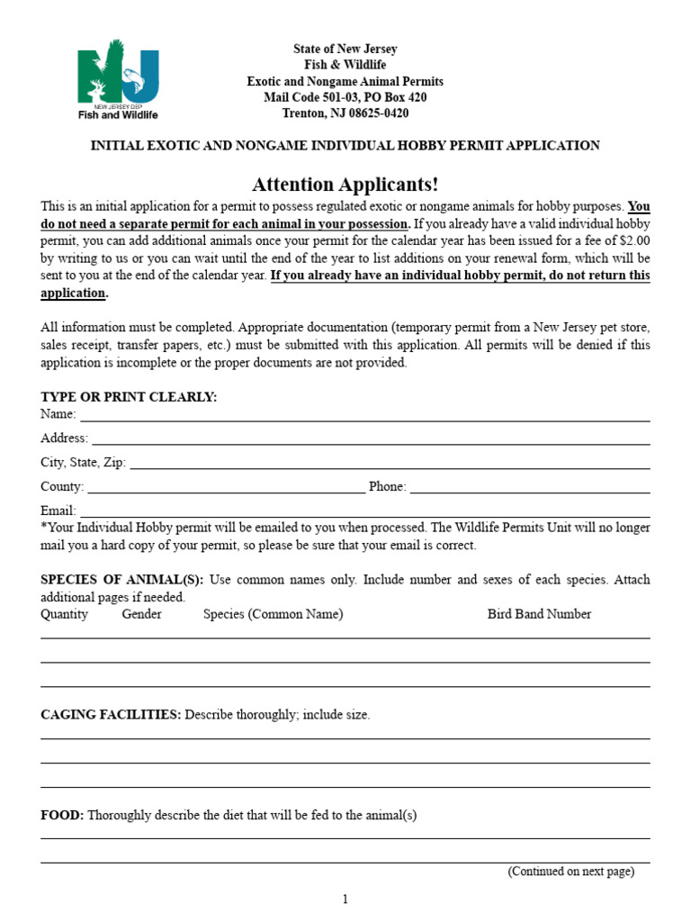 NJ Exotic Animal Hobby Permit Application | PDF | Mail | Pet