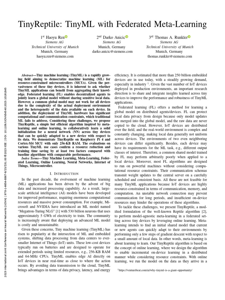 TinyReptile TinyML With Federated Meta-Learning | PDF