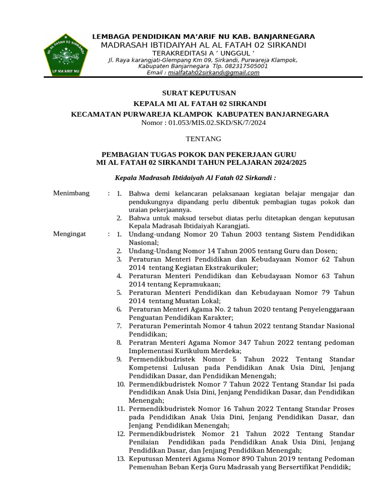 SK Pembagian Tugas 2023 - 2024 | PDF