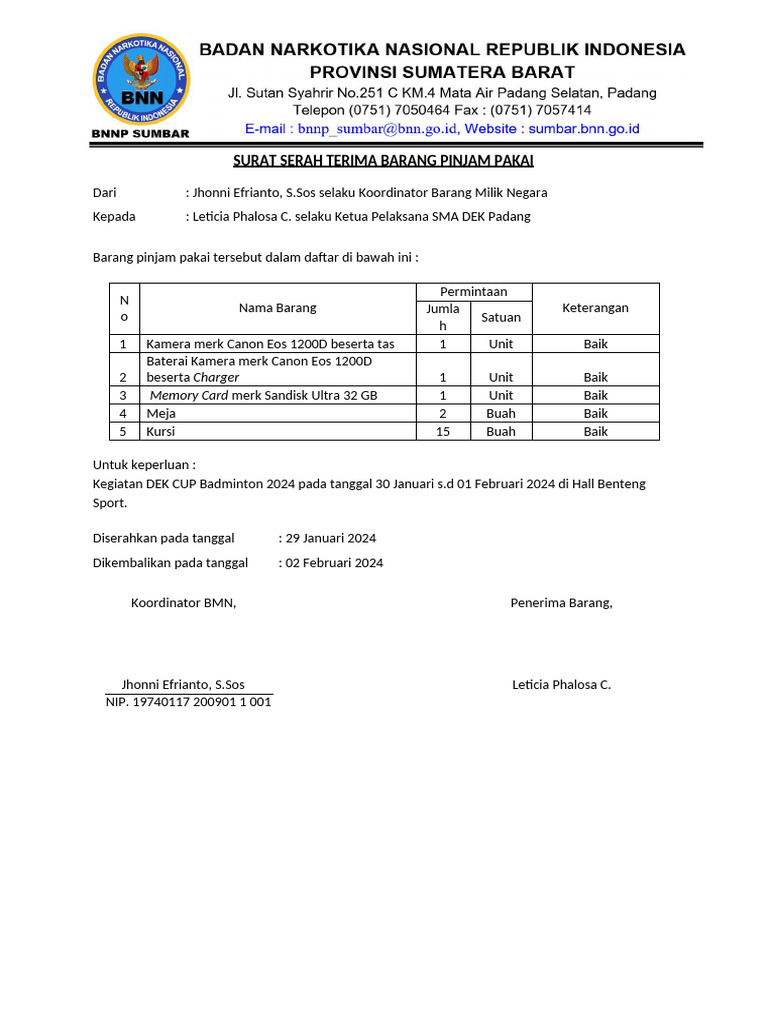 Surat Pinjam Pakai Barang | PDF
