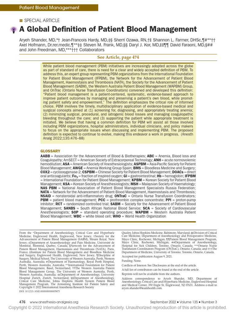 A Global Definition of Patient Blood Management.7 | PDF