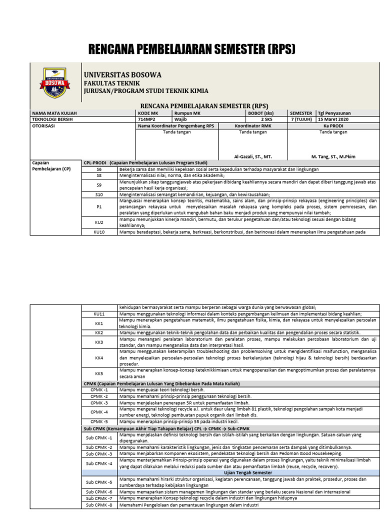 Rencana Pembelajaran Semester Rps MK Tek | PDF