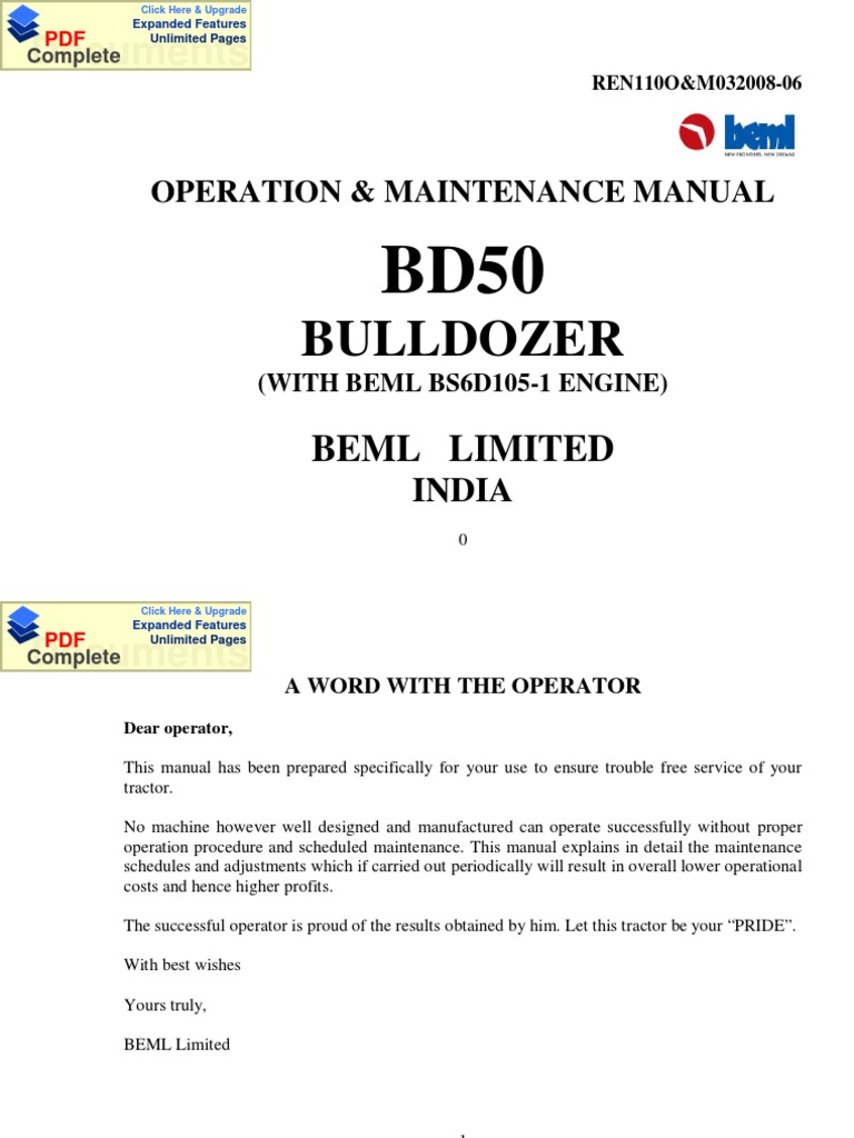 BD50 Bulldozer Operation Manual | PDF | Clutch | Motor Oil