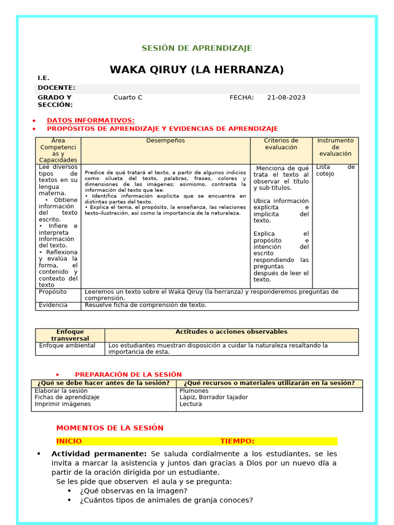 Ses. Dia 3 Plan Lector Waka Qiruy 21 | PDF