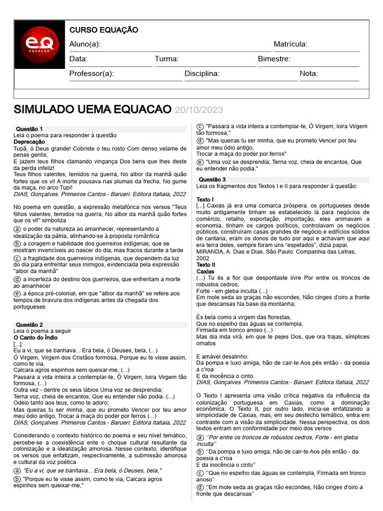 Simulado Uema Equacao 15.10.2023 e Gabarito | PDF