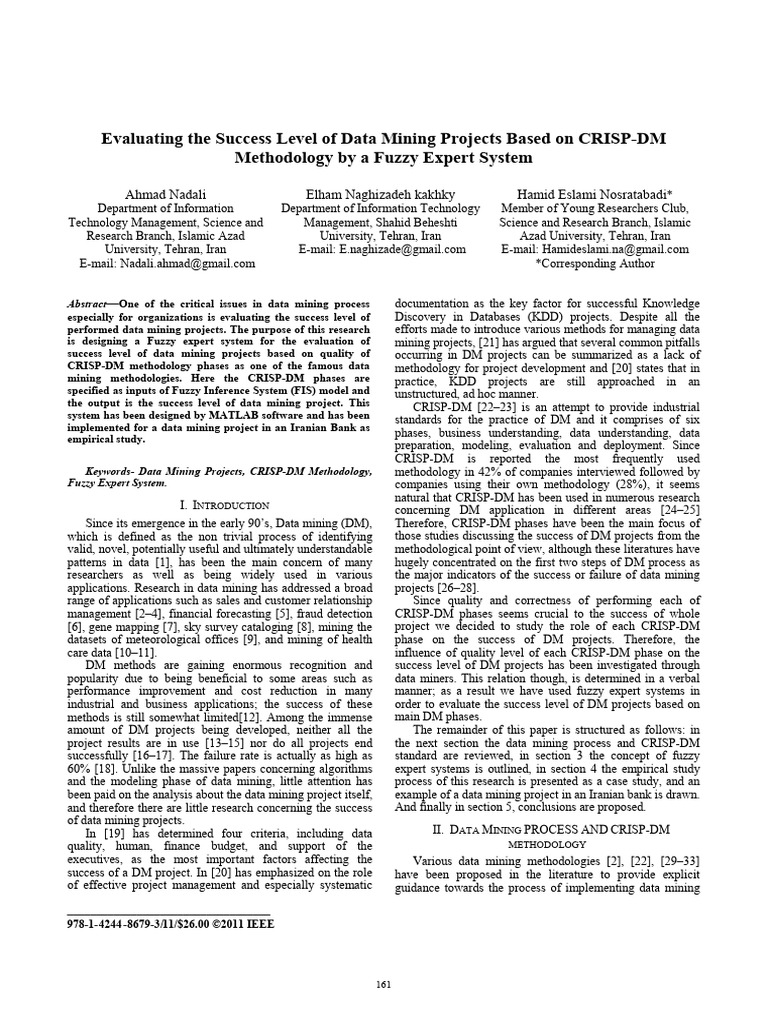 Evaluating the success level of DM based on CRISP-DM methodology by Fuzzy Expert System | PDF