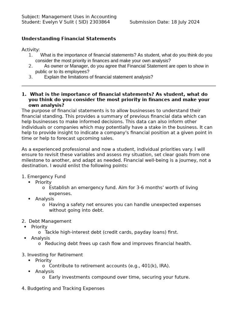 Importance of Financial Statements in Management | PDF | Financial ...
