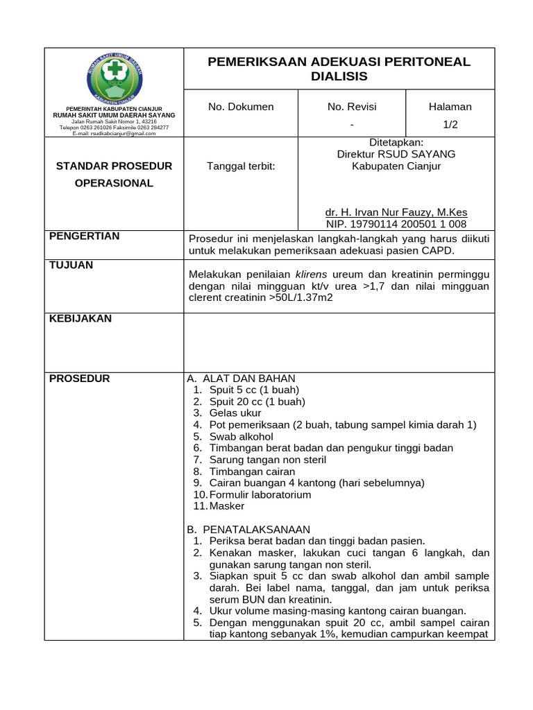 SOP Pemeriksaan Adekuasi Capd | PDF