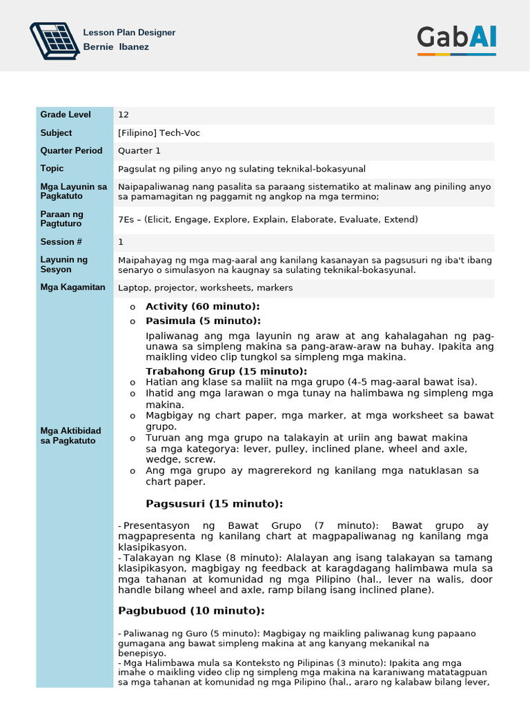Lesson Plan-Thu Aug 22 2024 11 - 38 - 35 GMT+0800 (Philippine Standard Time) | PDF | Machines
