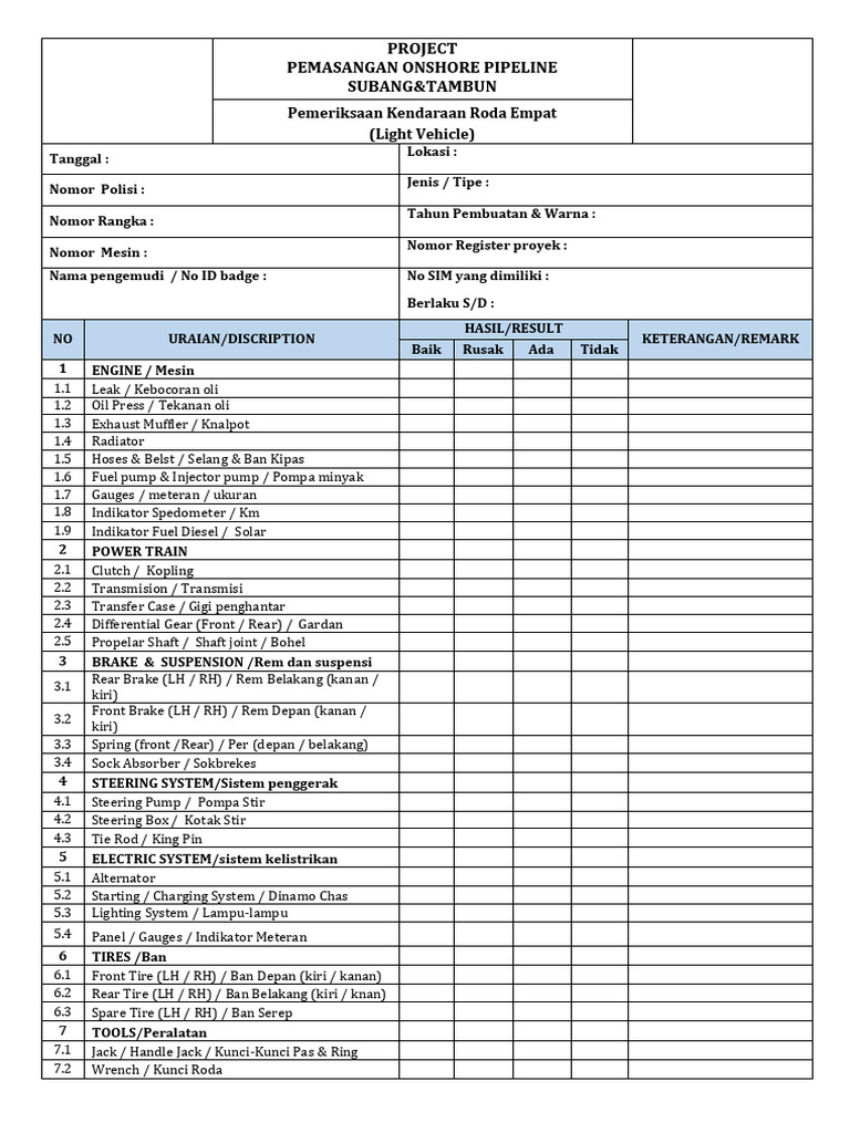 Form Inspeksi Pemeriksaan Kendaraan Roda Empat (Lihgt - Vehicle) | PDF