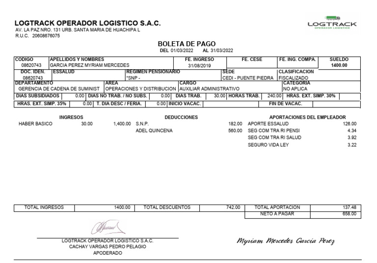 Logtrack Operador Logistico S.A.C.: Boleta de Pago | PDF