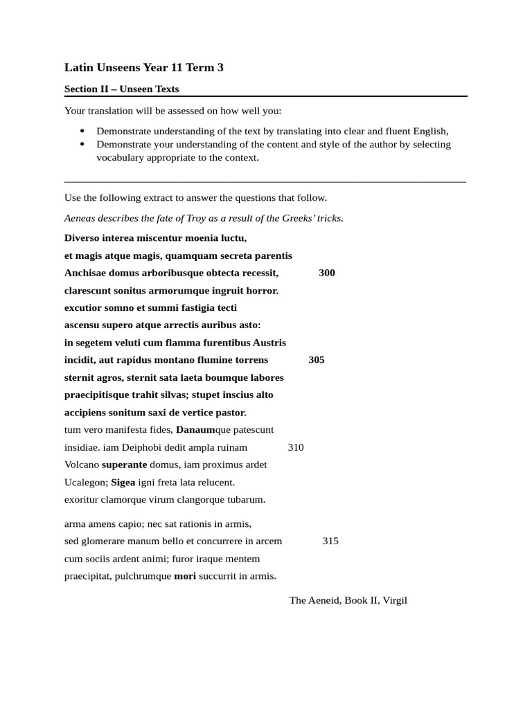 Latin Unseens Year 11 Term 3 Aeneid Prelims | PDF