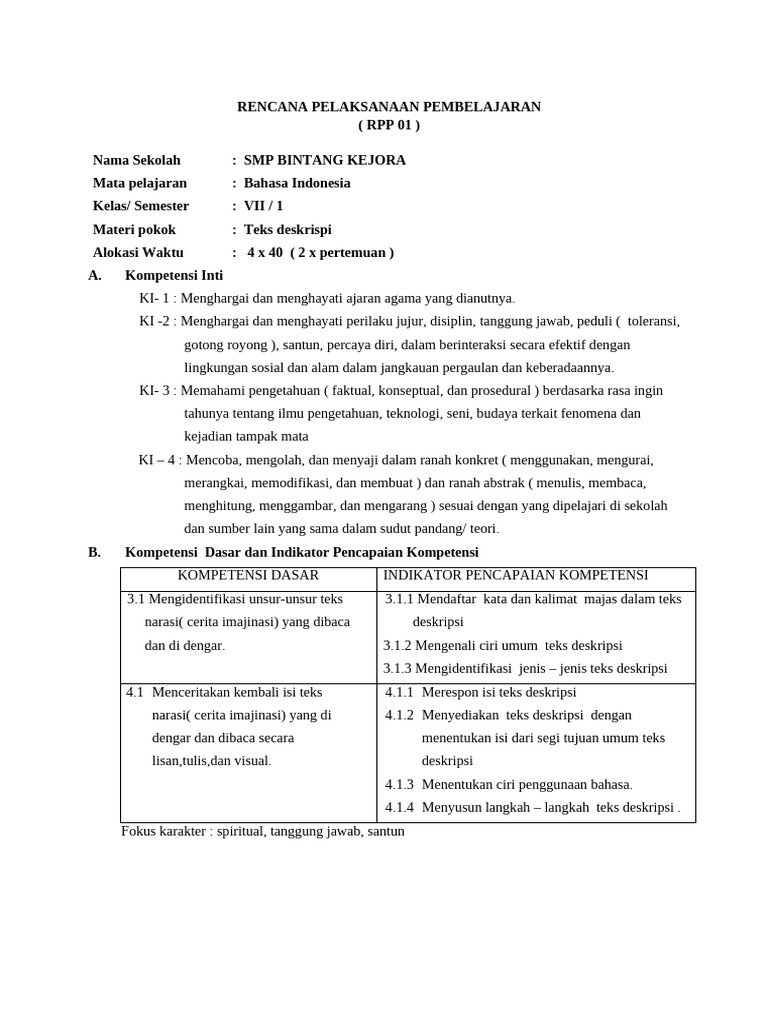 RPP Kelas Vii Bindo 2017 | PDF