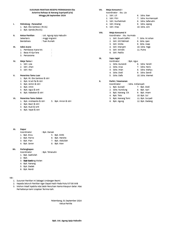Susunan Panitian Resepsi Pernikahan | PDF