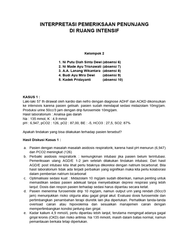 (KELOMPOK 2) Intepretasi Pemeriksaan Penunjang Di Ruang Intensif | PDF
