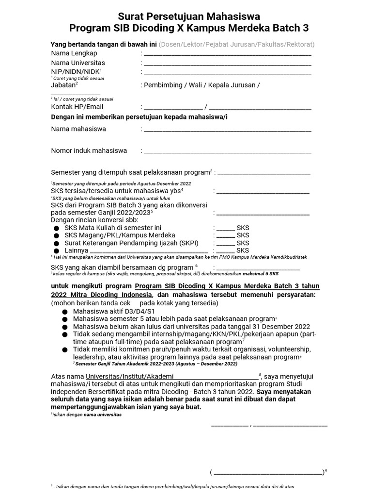 Template Surat Approval Pembimbing Universitas Untuk Peserta SIB Dicoding Batch 3 | PDF