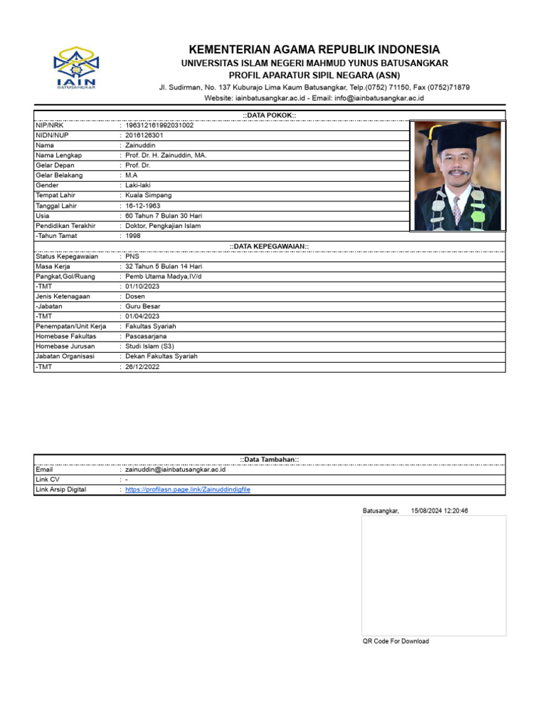 Profil ASN IAIN Batusangkar-Zainuddin - Profil | PDF