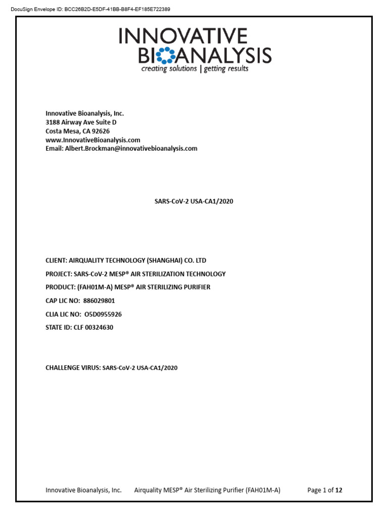 FAH SARS-CoV-2 Disinfection Performance IBA Lab Report | PDF