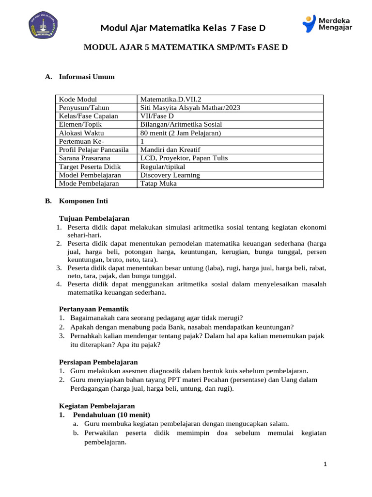 MODUL AJAR MATEMATIKA SMP KELAS VII BAB 5 - Revisi | PDF