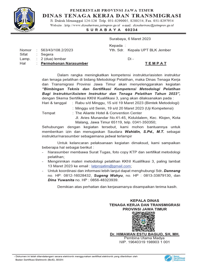 Permohonan Narsum Bimtek Metodologi 2023 BLK Jember - Sign OK | PDF