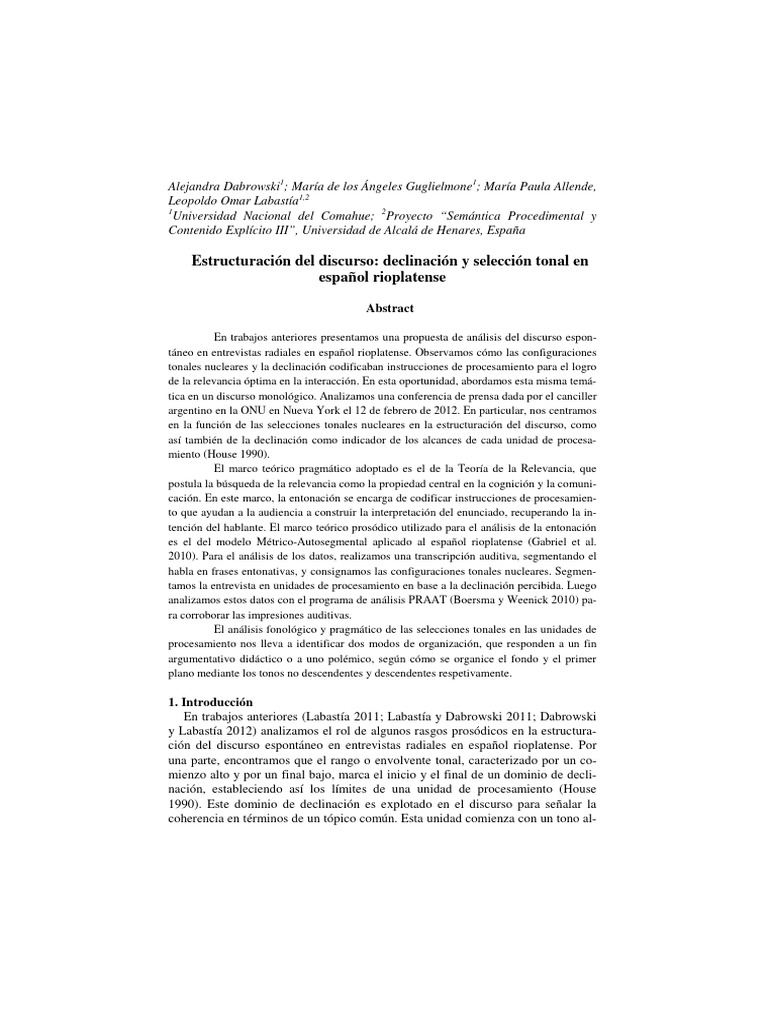 Estructuración Del Discurso: Declinación y Selección Tonal en Español ...