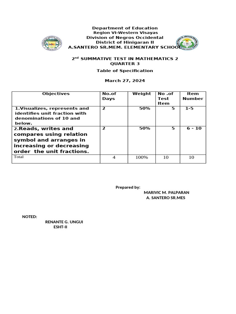 2nd SUMMATIVE TEST IN MATH GRADE-2 | PDF
