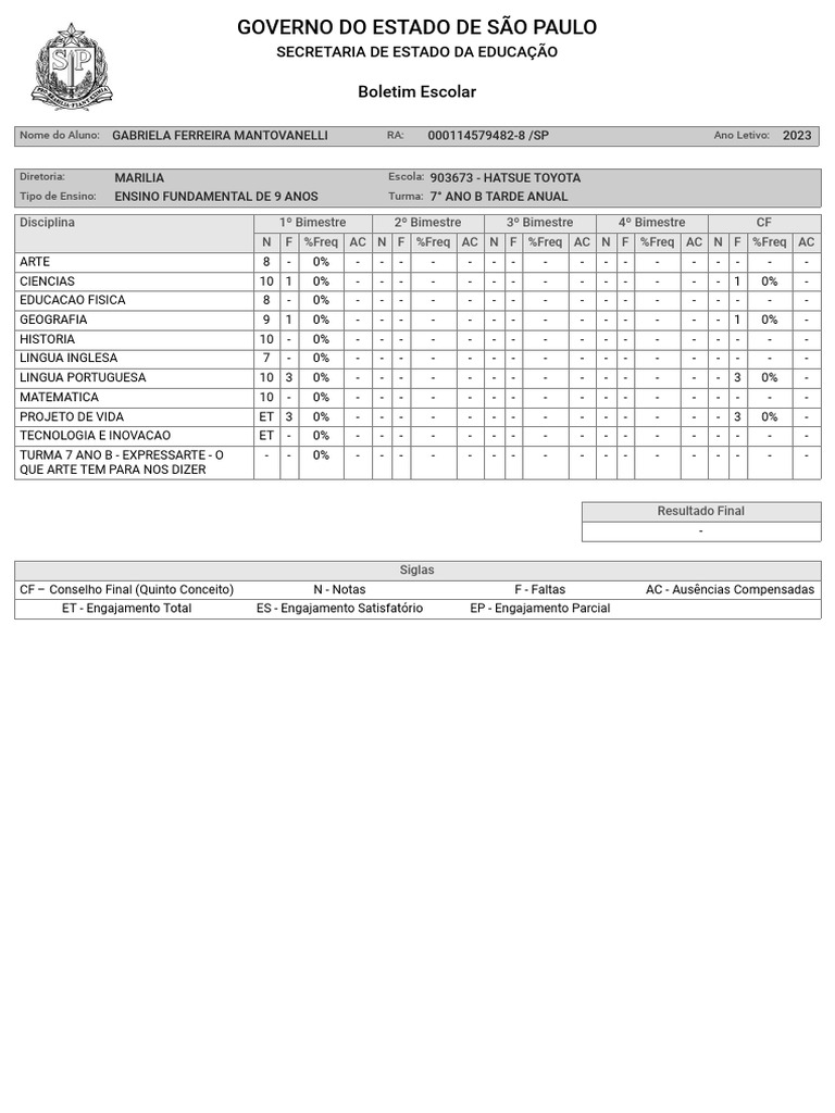 Boletim Escolar Do Aluno | PDF