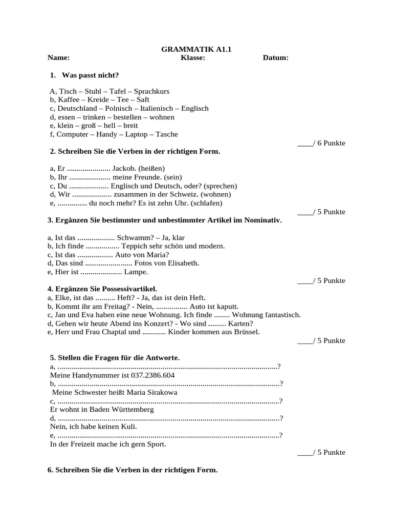 Grammatik A1.1 | PDF