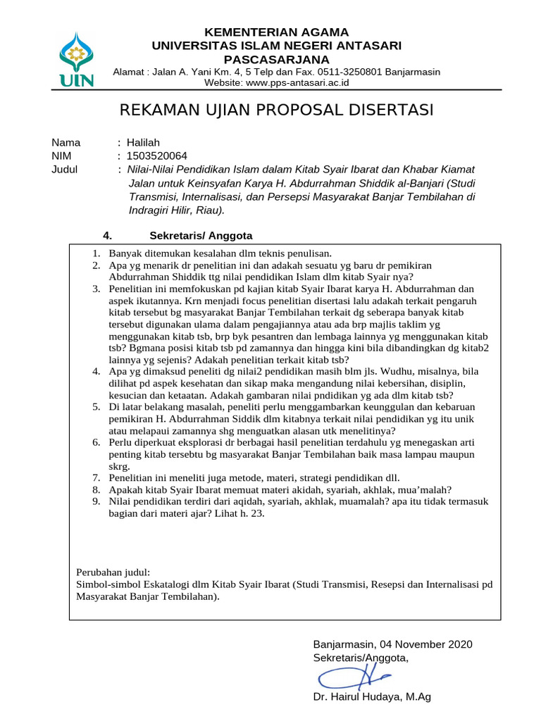 Catatan Ujian Proposal Disertasi (Sekretaris. Bu Halilah | PDF