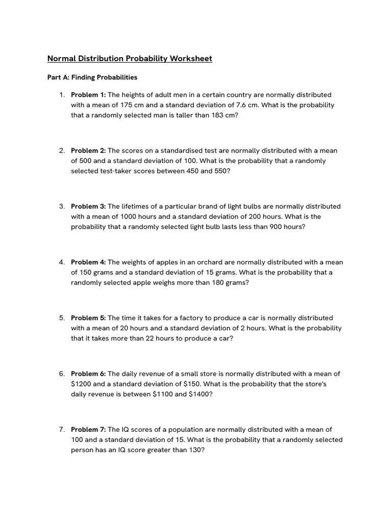 Normal Distribution Worksheet | PDF