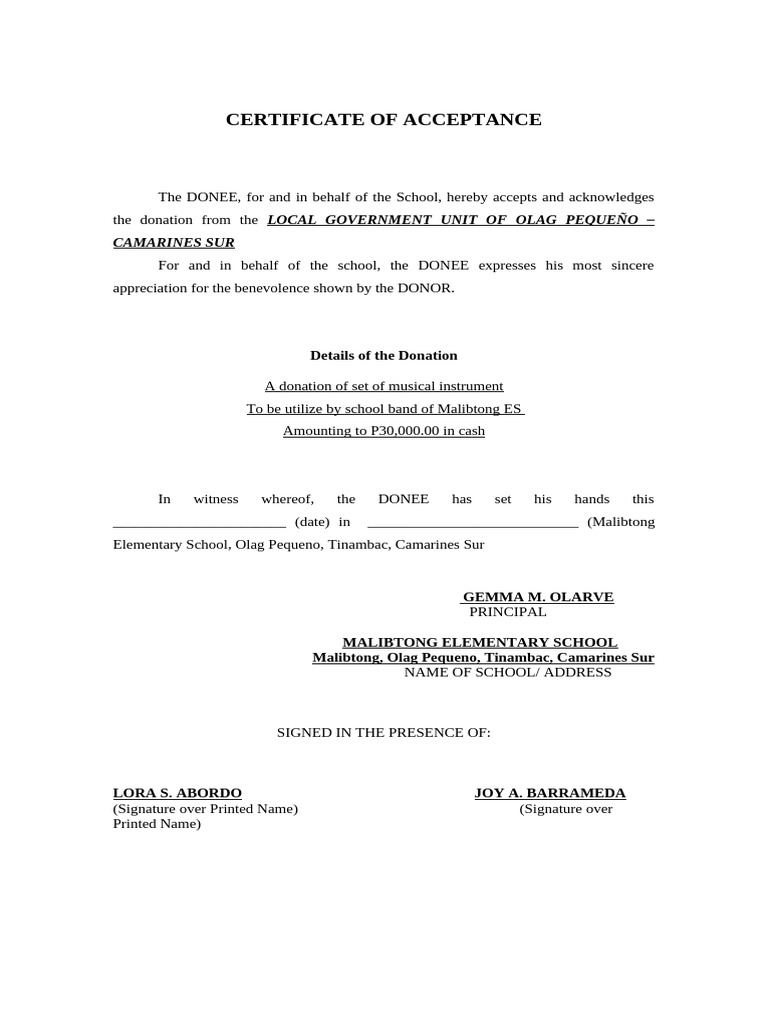 CERTIFICATE OF ACCEPTANCE Musical Instrument | PDF