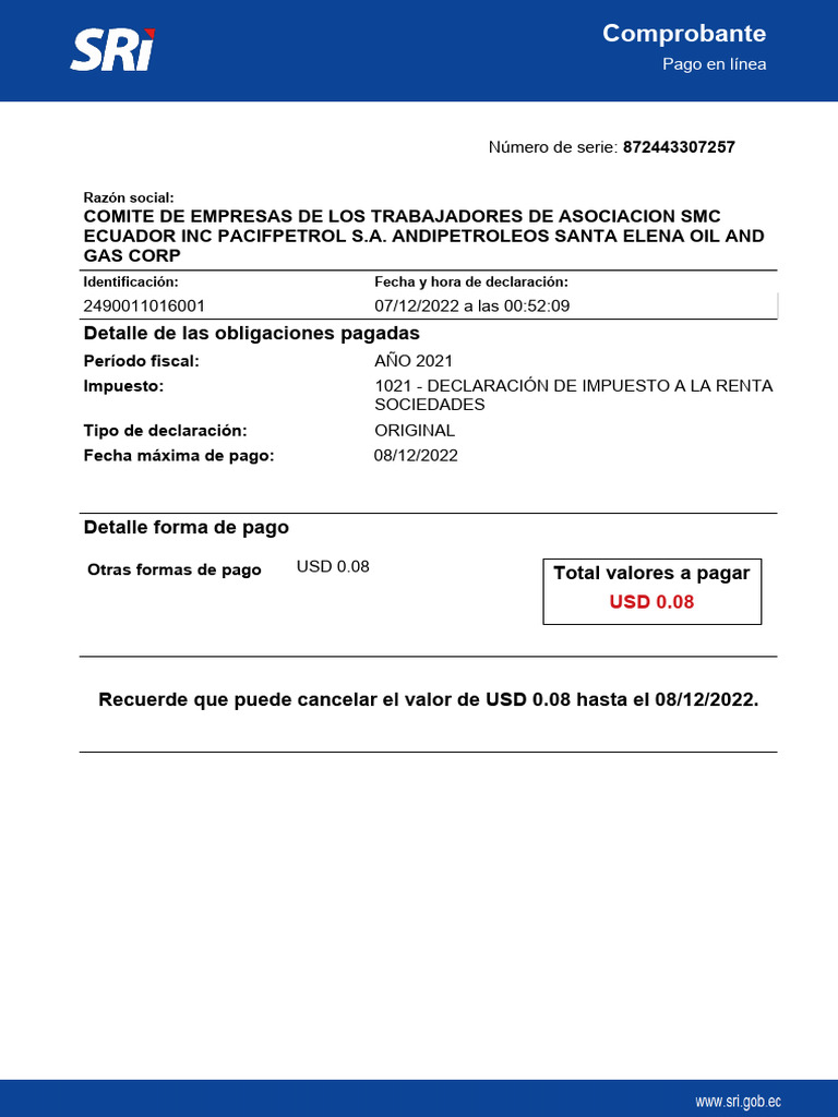 Comprobante de Pago de Imp. Renta 2021 | PDF