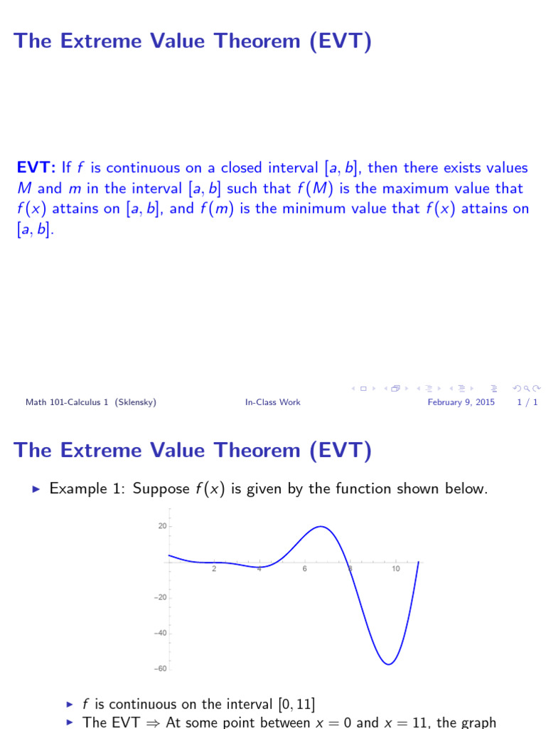 The Extreme Value Theorem Evt Math 101 Calculus 1 Sklensky Pdf