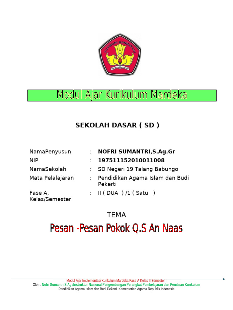 Modul Ajar Kelas II PB 1 Memahami Pesan Pokok Surat An Naas | PDF