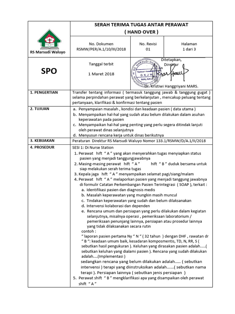 Contoh SPO Hand Over Antar Perawat | PDF