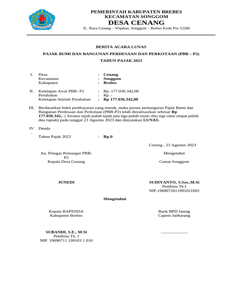 Format Berita Acara Lunas PBB-P2 | PDF