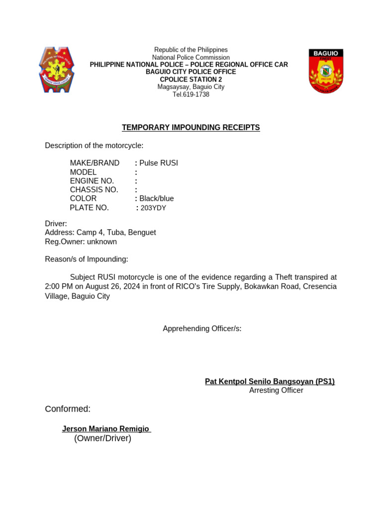 Impounding Receipt Pulse Rusi | PDF