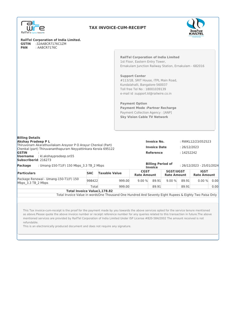 Railwire Subscriber Invoice | PDF